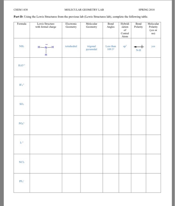 Solved CHEM 1430 MOLECULAR GEOMETRY LAB SPRING 2018 Part D: | Chegg.com