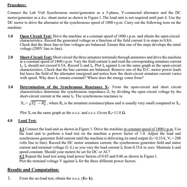 Procedure: Connect the Lab Volt Synchronous | Chegg.com