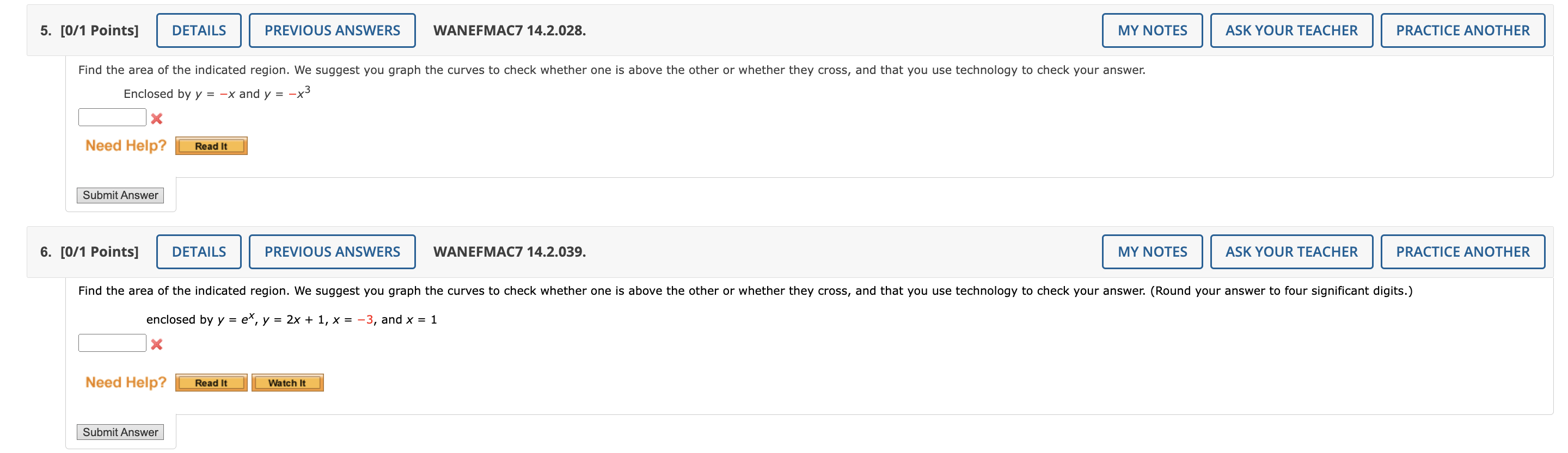 Solved Enclosed by y=−x and y=−x3 x [0/1 Points] WANEFMAC7 | Chegg.com