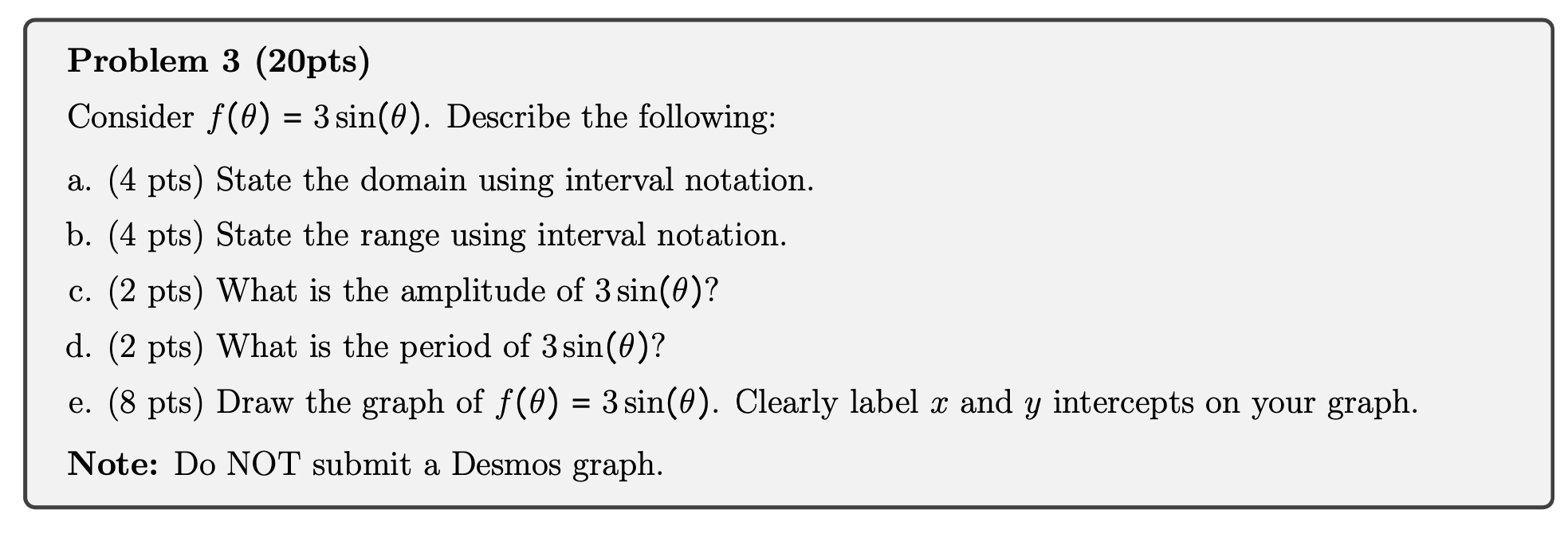 Solved Problem 3 (20pts) Consider f(θ)=3sin(θ). Describe the | Chegg.com Solved Problem 3 (20pts) Consider f(θ)=3sin(θ). Describe the | Chegg.com