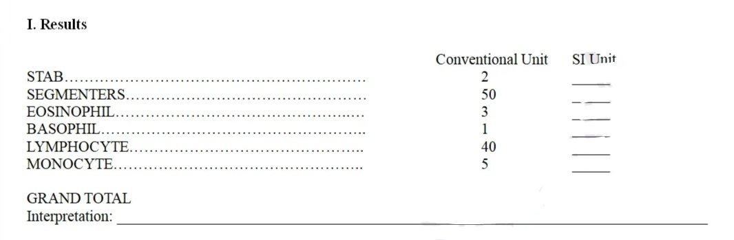 Solved I. Results SI Unit STAB SEGMENTERS EOSINOPHIL. | Chegg.com