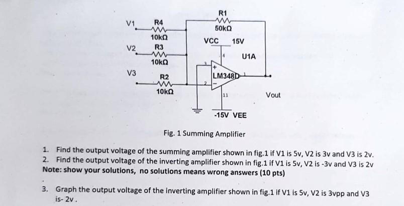 Solved Fig. 1 Summing Amplifier 1. Find the output voltage | Chegg.com