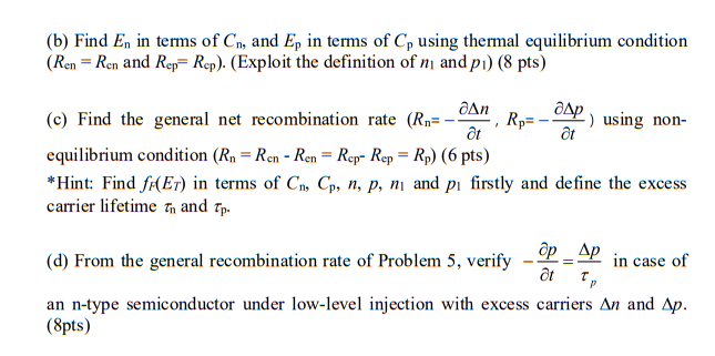 5. (Shockley-Read-Hall Recombination) (total: 30 pts) | Chegg.com