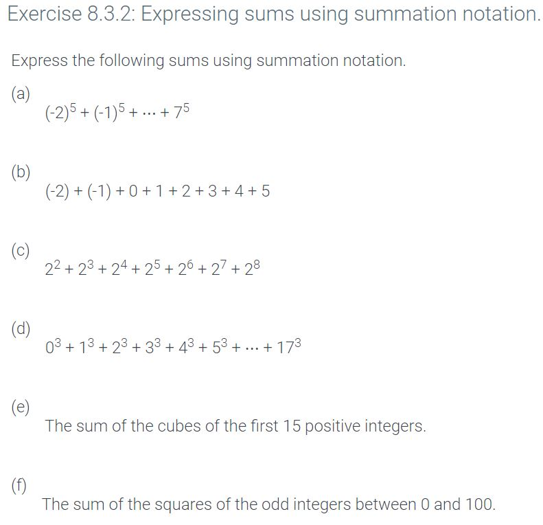 Solved Exercise 8.3.2: Expressing sums using summation | Chegg.com
