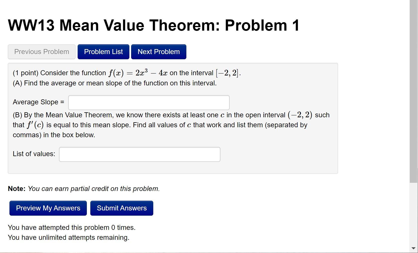 Solved WW13 Mean Value Theorem: Problem 1 Previous Problem | Chegg.com