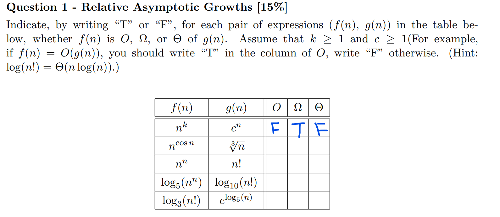 Solved Question 1 - Relative Asymptotic Growths [15\%] | Chegg.com