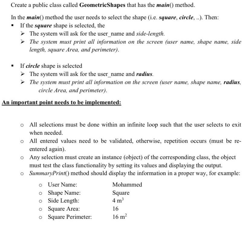 Solved Create a public class called GeometricShapes that has | Chegg.com