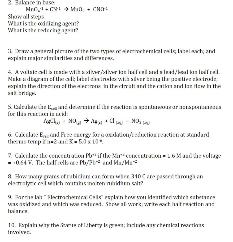Solved 2. Balance in base: Mn04:1 + CN-1 → MnO2 + CNO-1 Show | Chegg.com