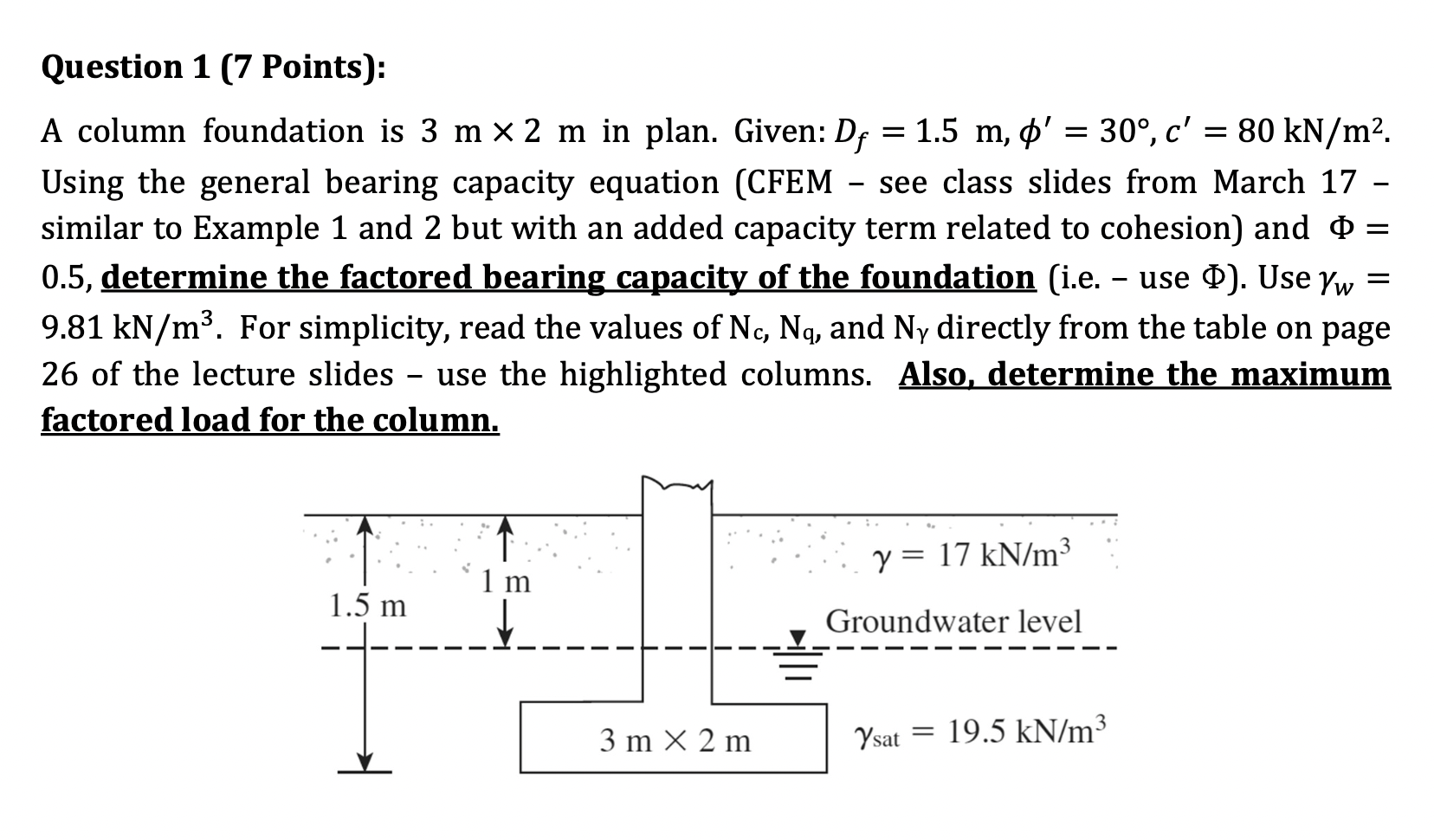 Solved Question 1 (7 Points): A column foundation is 3 m×2 m | Chegg.com