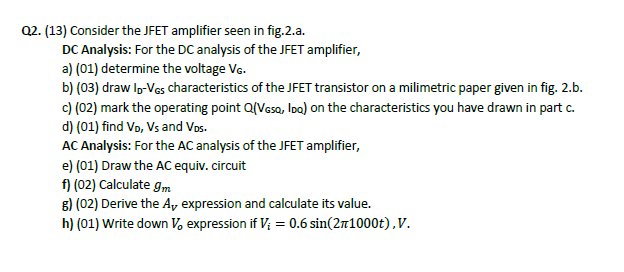 Solved Consider the JFET amplifier seen in fig.2.a. DC | Chegg.com