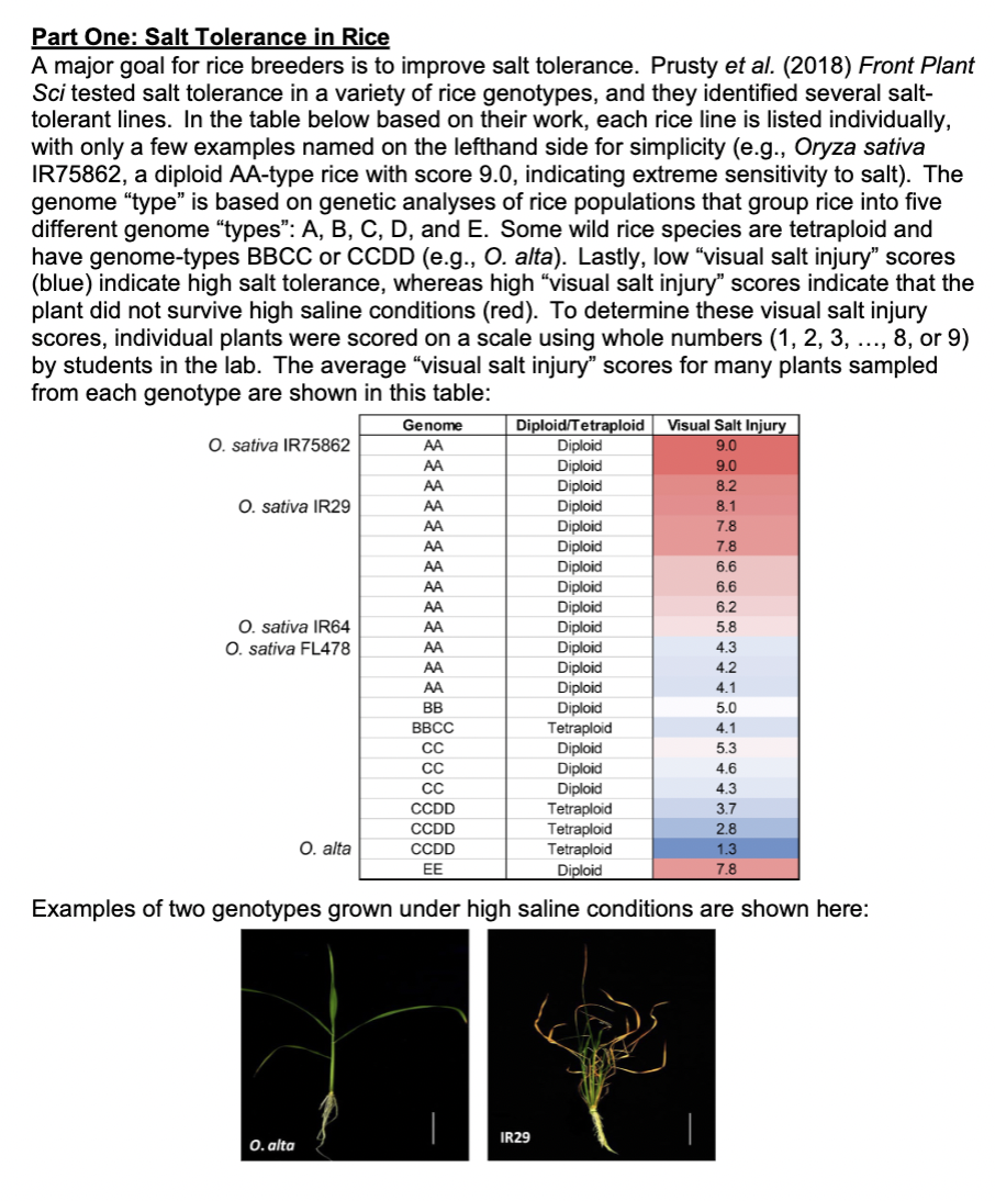 Solved Part One: Salt Tolerance in Rice A major goal for | Chegg.com