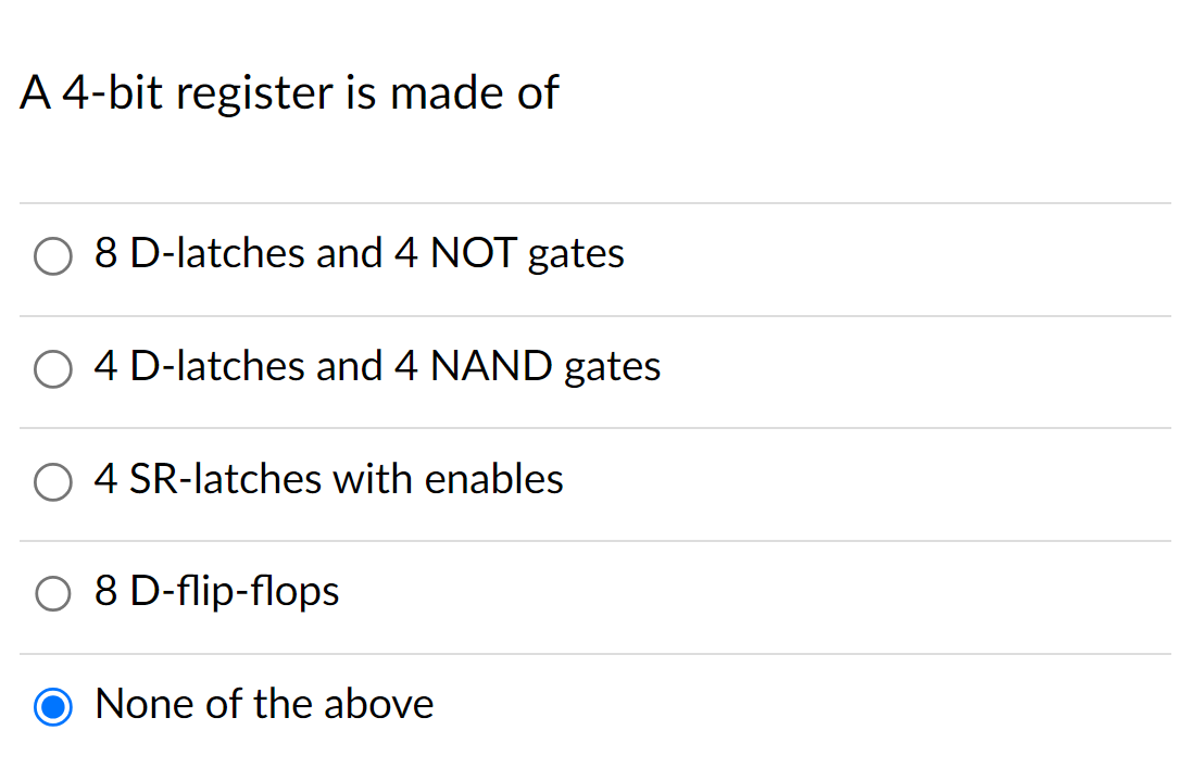 Solved A 4-bit register is made ofGroup of answer choices8 | Chegg.com