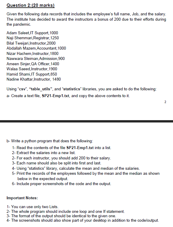 Solved Question 2: (20 marks) Given the following data | Chegg.com