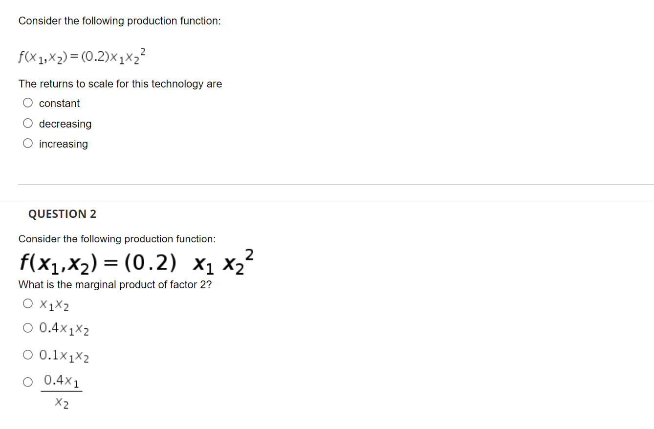 Solved Consider the following production function: f(x1,x2) | Chegg.com