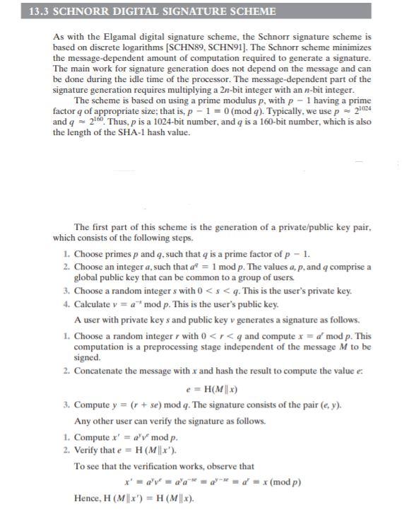 Based on Schnorr Digital Signature Scheme, complete | Chegg.com