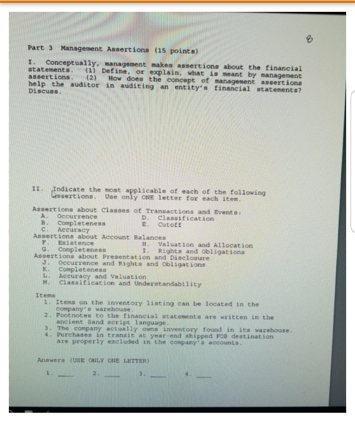 Solved Part 3 Management Assertions (15 points) I. | Chegg.com