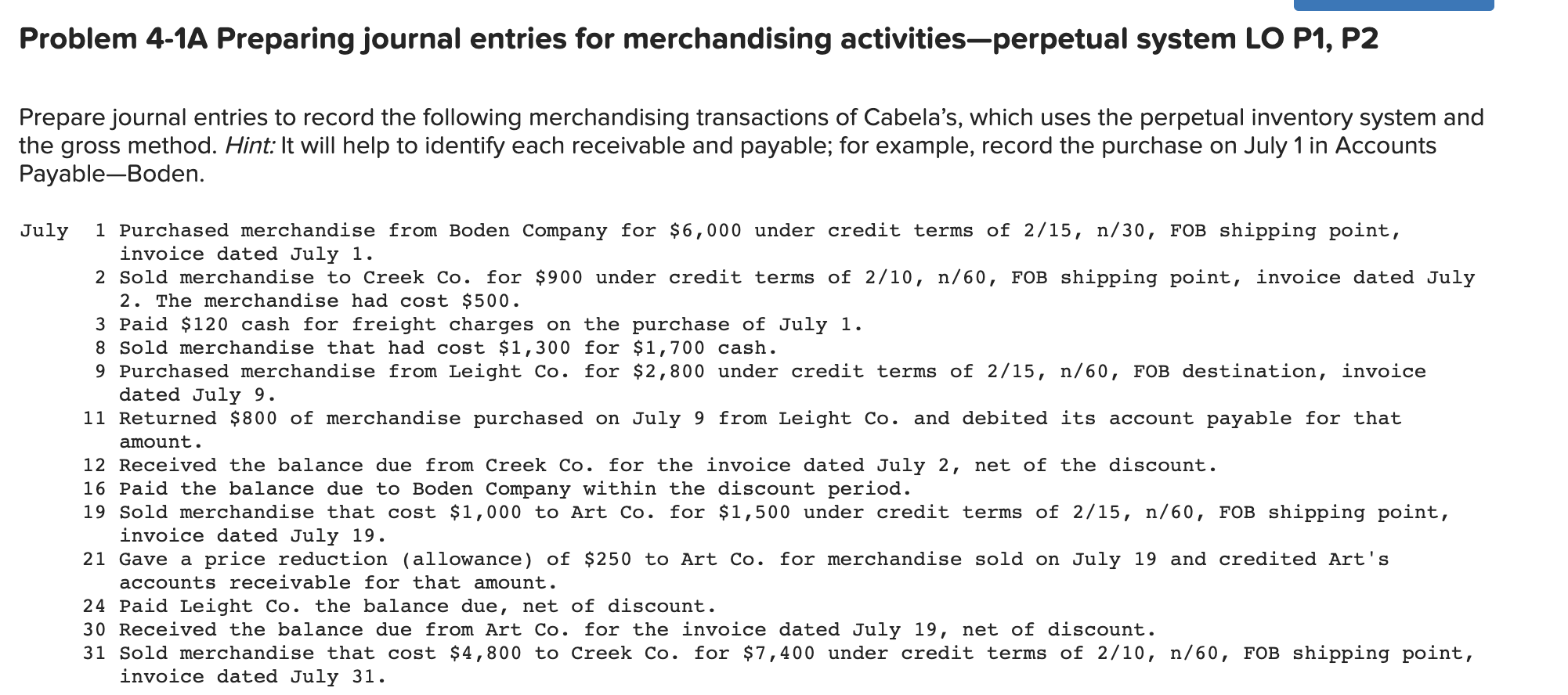 Solved Problem 4-1A Preparing journal entries for | Chegg.com