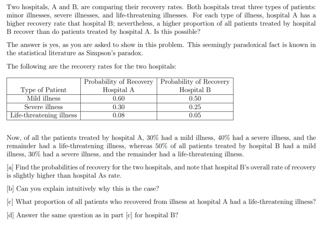Solved Two hospitals, A and B, are comparing their recovery | Chegg.com