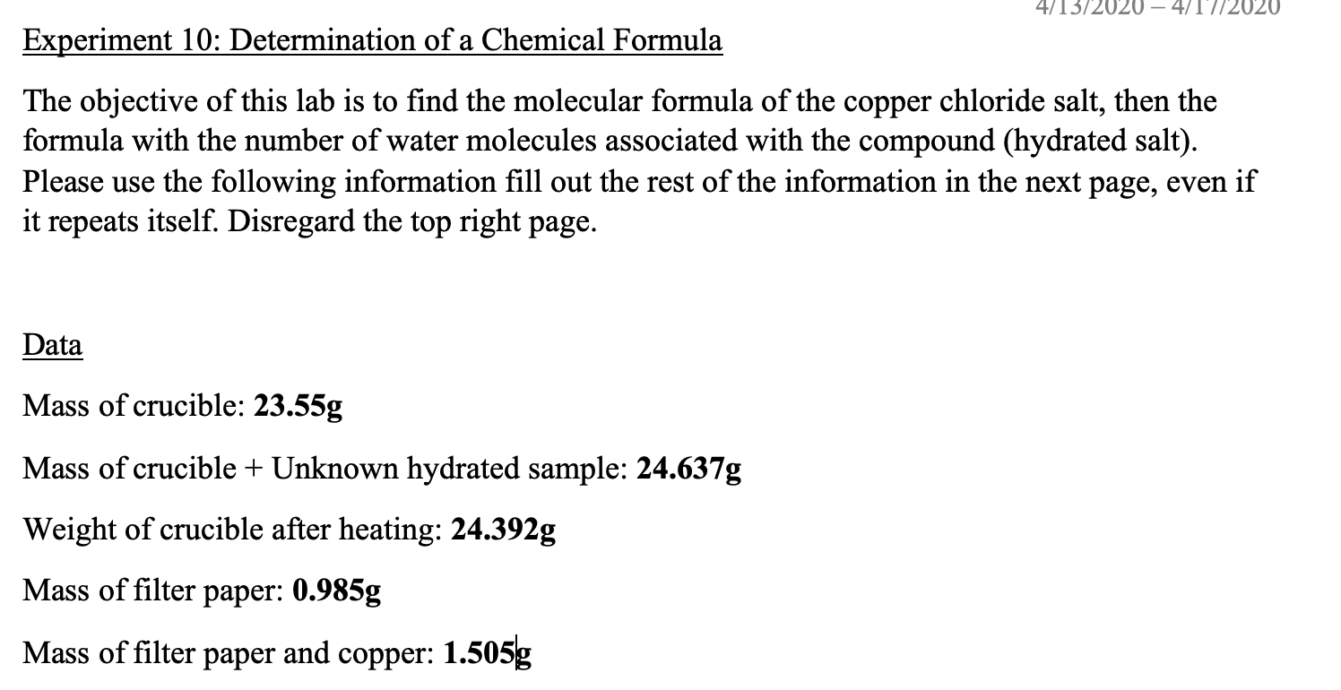 Solved 4/13/2020 - 4/17/2020 Experiment 10: Determination of | Chegg.com
