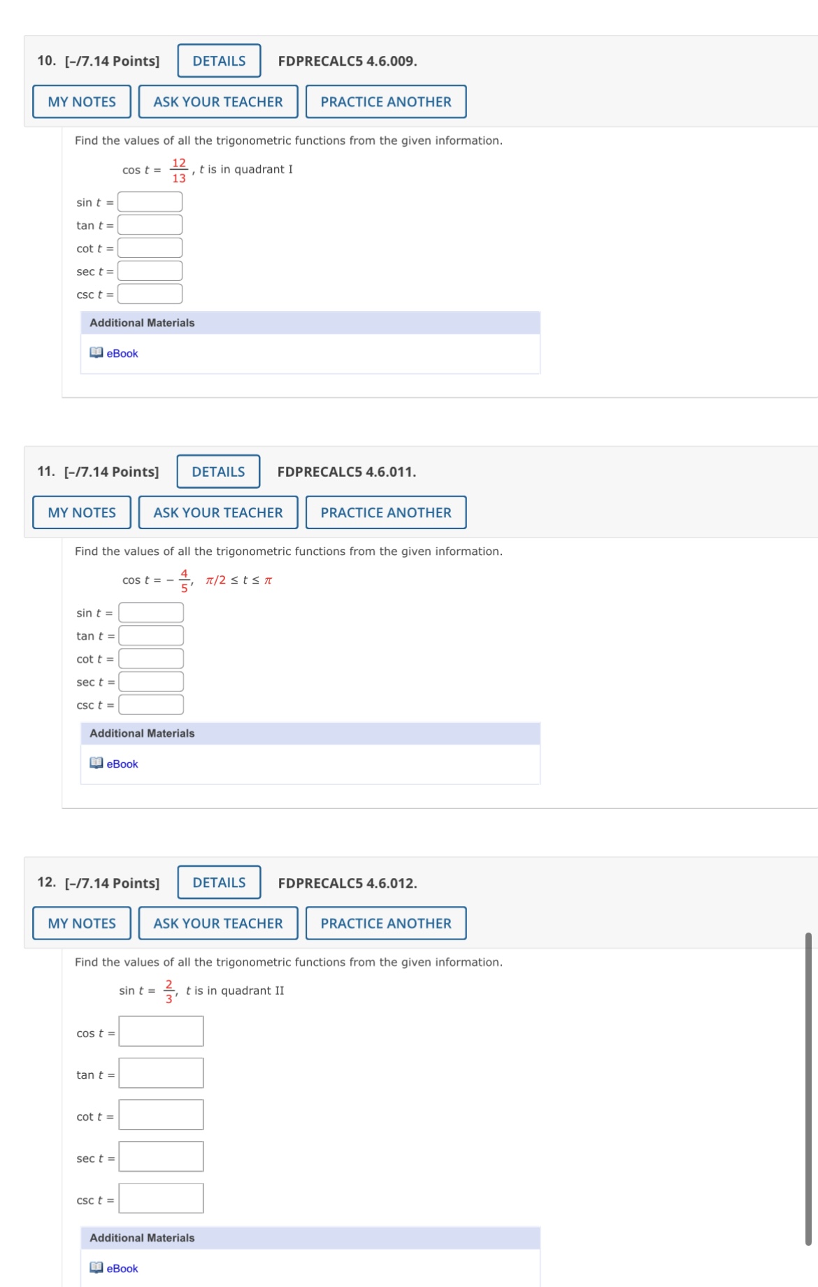 Solved Find the values of all the trigonometric functions | Chegg.com