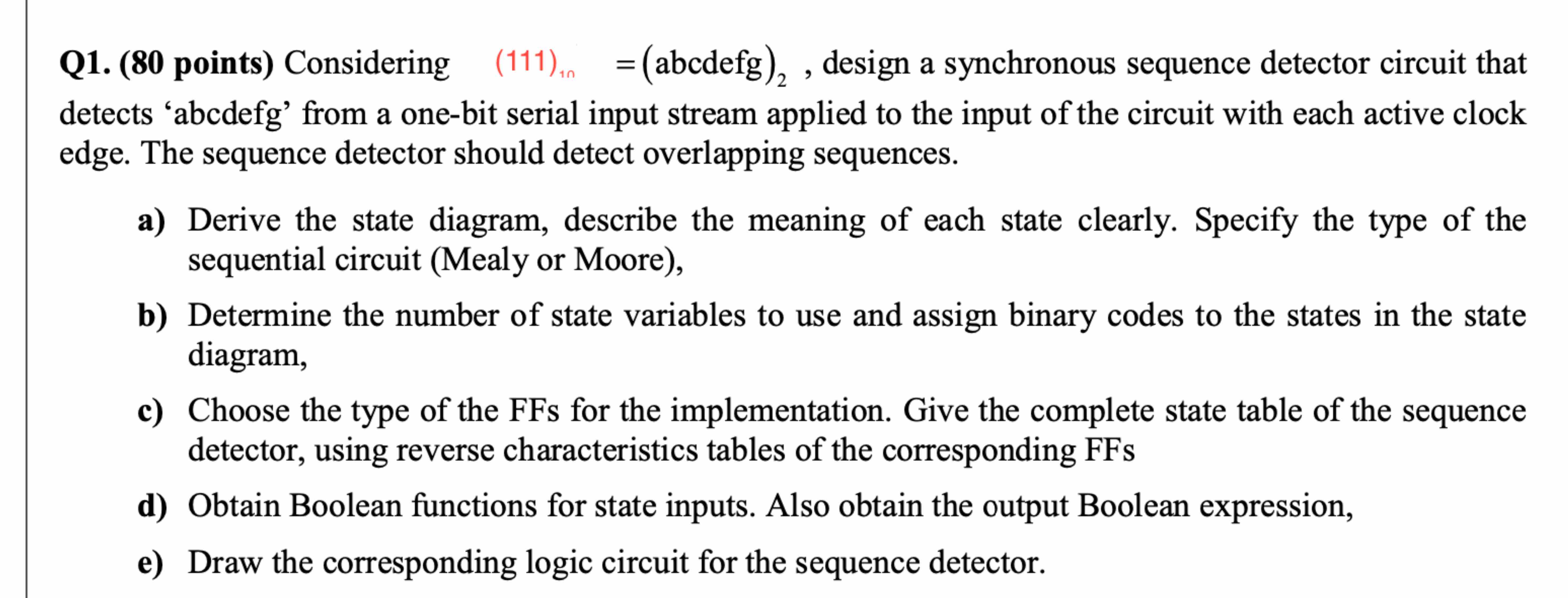 Solved Q1. (80 ﻿points) ﻿Considering (111)1n=(abcdefg)2, | Chegg.com