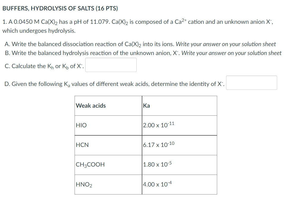 Solved BUFFERS, HYDROLYSIS OF SALTS (16 PTS) 1. A 0.0450 M | Chegg.com