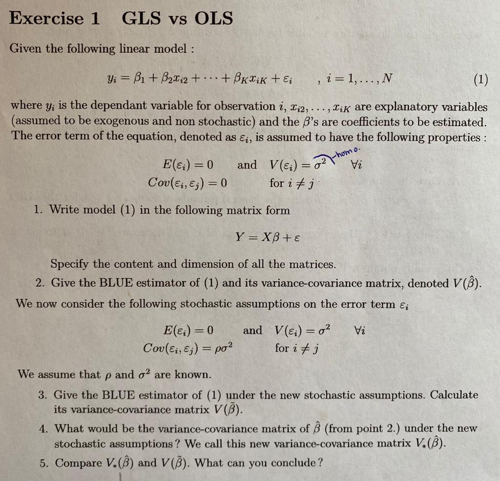 this exercice is a GLS and OLS estimator. i've to | Chegg.com