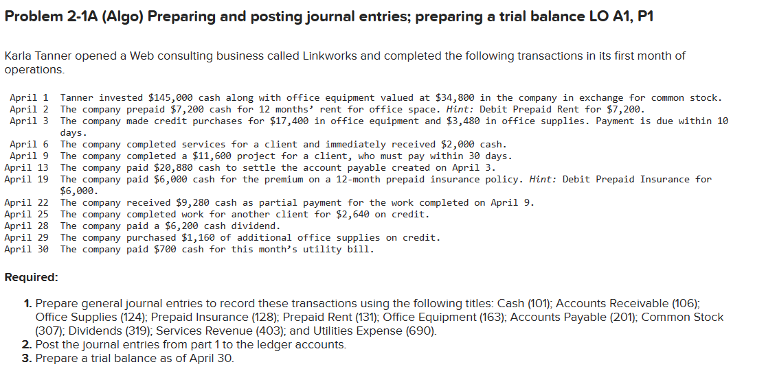 Solved Problem 2-1A (Algo) Preparing and posting journal | Chegg.com