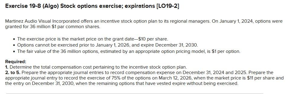 Solved Exercise 19-8 (Algo) Stock options exercise; | Chegg.com