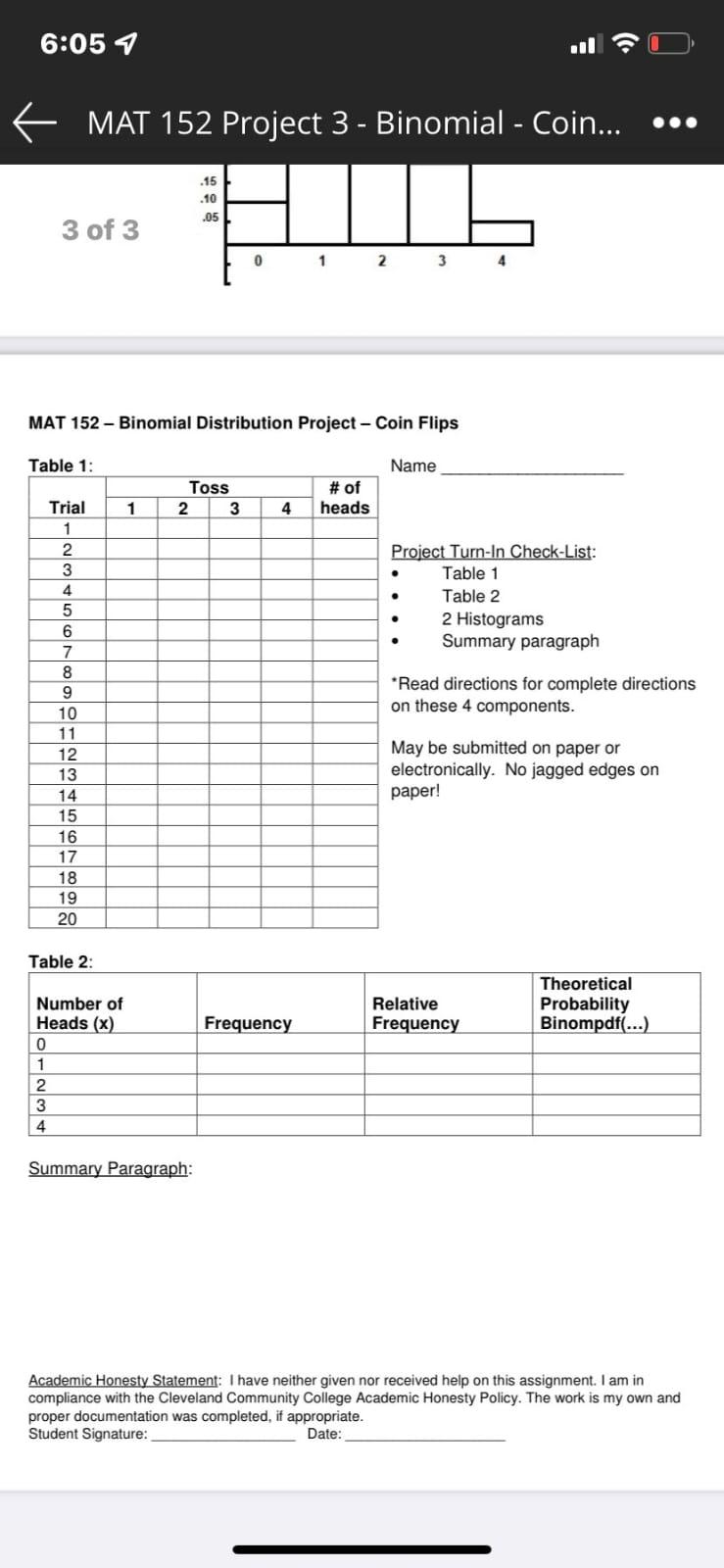 6:05 1 MAT 152 Project 3 - Binomial - Coin... MAT | Chegg.com