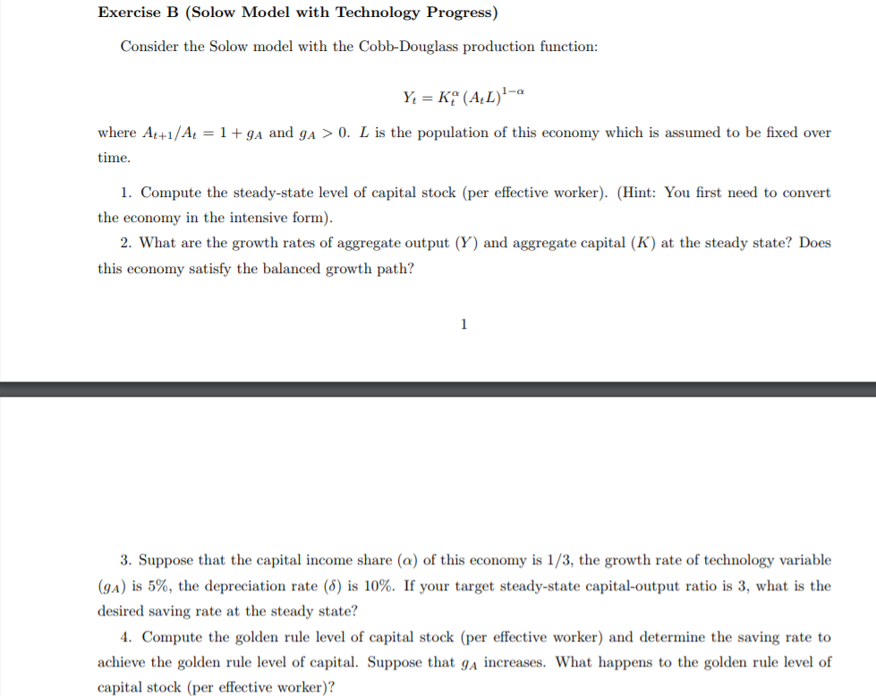 Solved Exercise B (Solow Model with Technology Progress) | Chegg.com