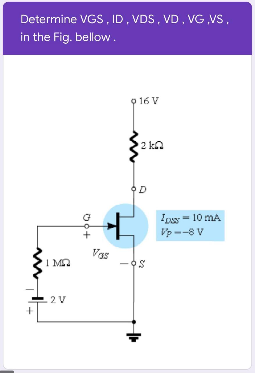 Solved Determine VGS , ID , VDS, VD , VG VS , in the Fig. | Chegg.com