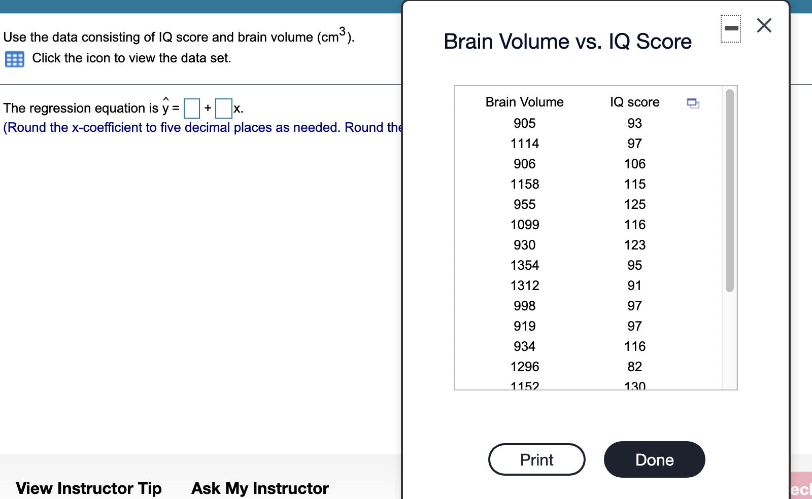 Solved Х х Use the data consisting of IQ score and brain | Chegg.com