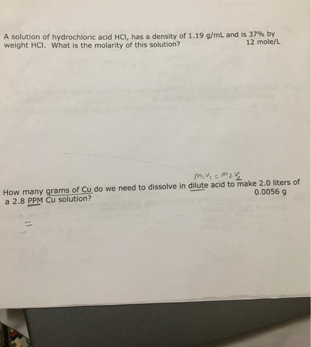 Solved A solution of hydrochloric acid HCl, has a density of | Chegg.com