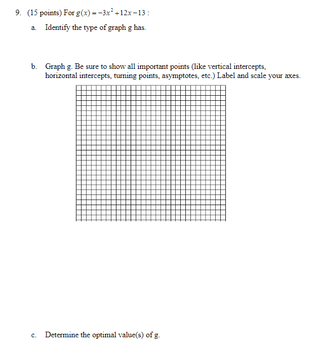 Solved 9. (15 points) For g(x)=-3x² +12x-13 : a. Identify | Chegg.com