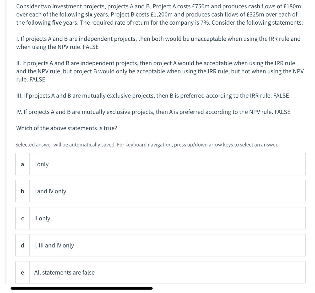Solved Consider two investment projects, projects A and B. | Chegg.com