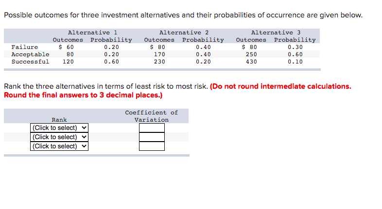 Solved Possible outcomes for three investment alternatives | Chegg.com