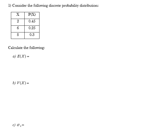 Solved 1) Consider the following discrete probability | Chegg.com
