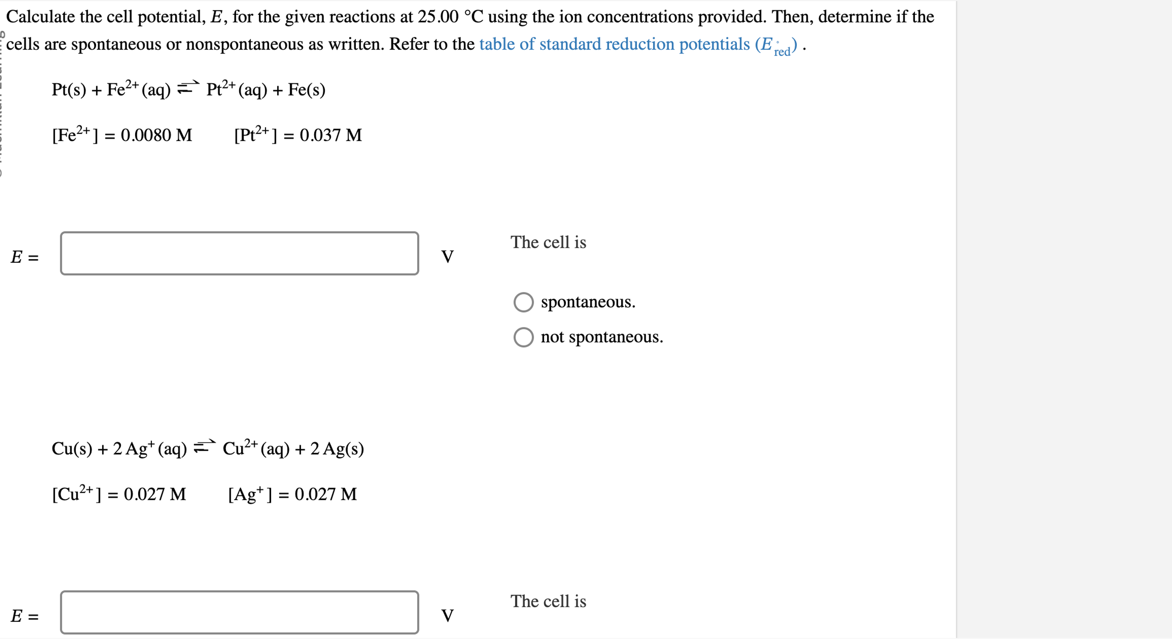 Solved Calculate The Cell Potential E ﻿for The Given