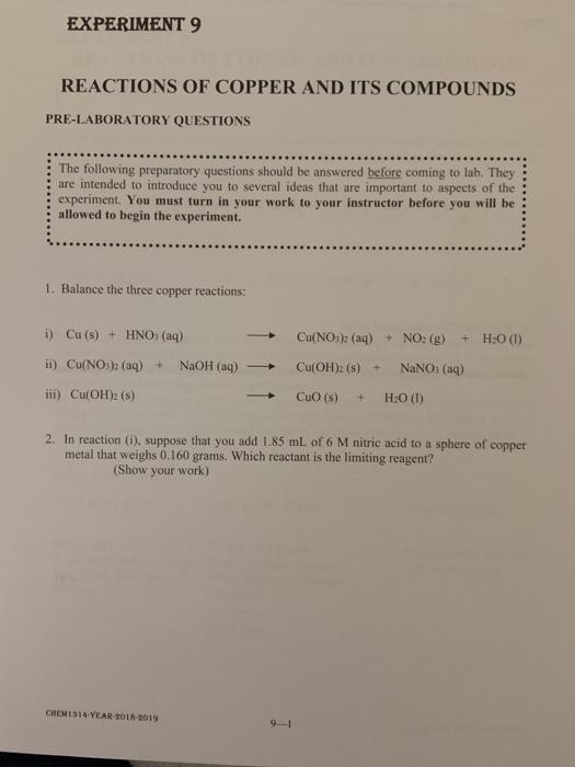 Solved EXPERIMENT 9 REACTIONS OF COPPER AND ITS COMPOUNDS | Chegg.com