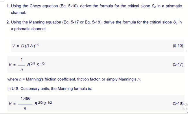 Solved 1. Using the Chezy equation (Eq. 5-10), derive the | Chegg.com
