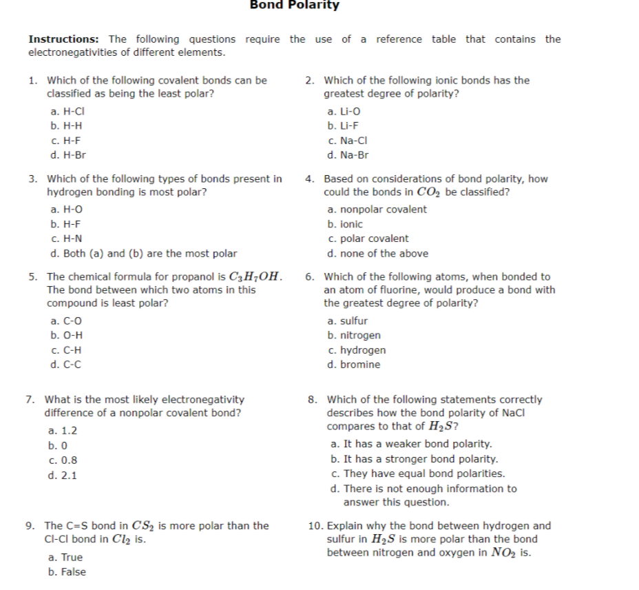Solved Bond Polarity Instructions: The following questions | Chegg.com