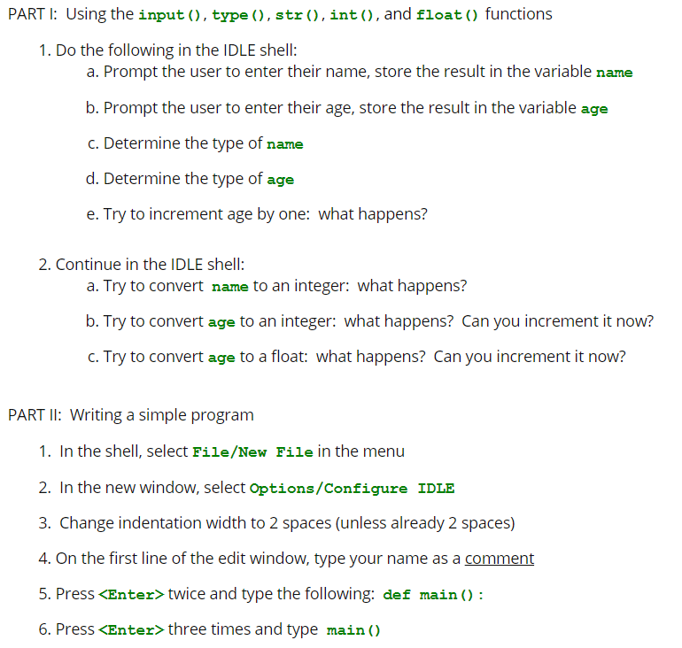 Solved PART I: Using the input (), type (), str(), int(), | Chegg.com