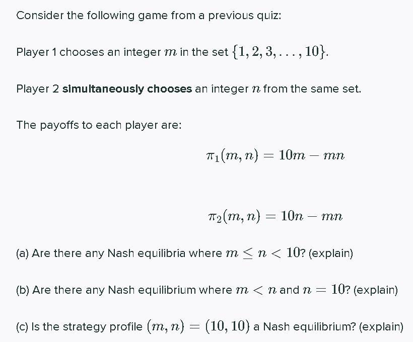 Solved Consider the following game from a previous quiz: | Chegg.com