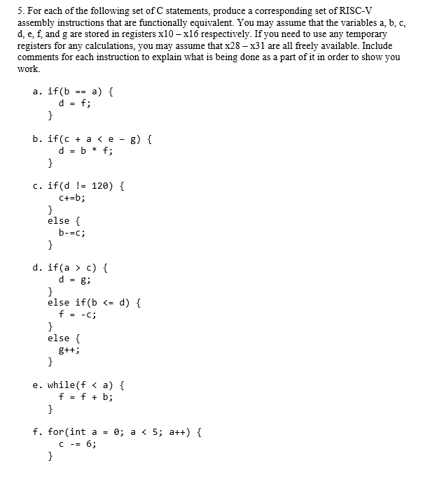 Solved 5. For each of the following set of C statements, | Chegg.com
