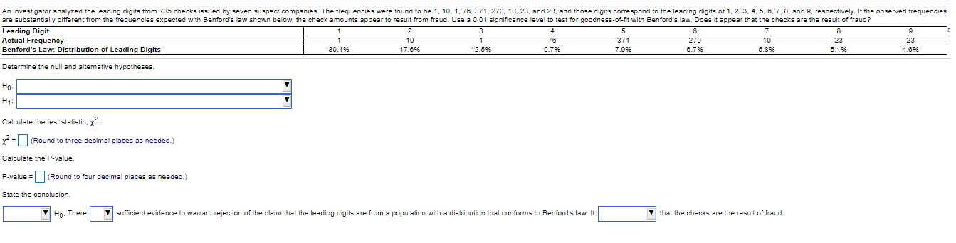 Solved An investigator analyzed the leading digits from 785 | Chegg.com