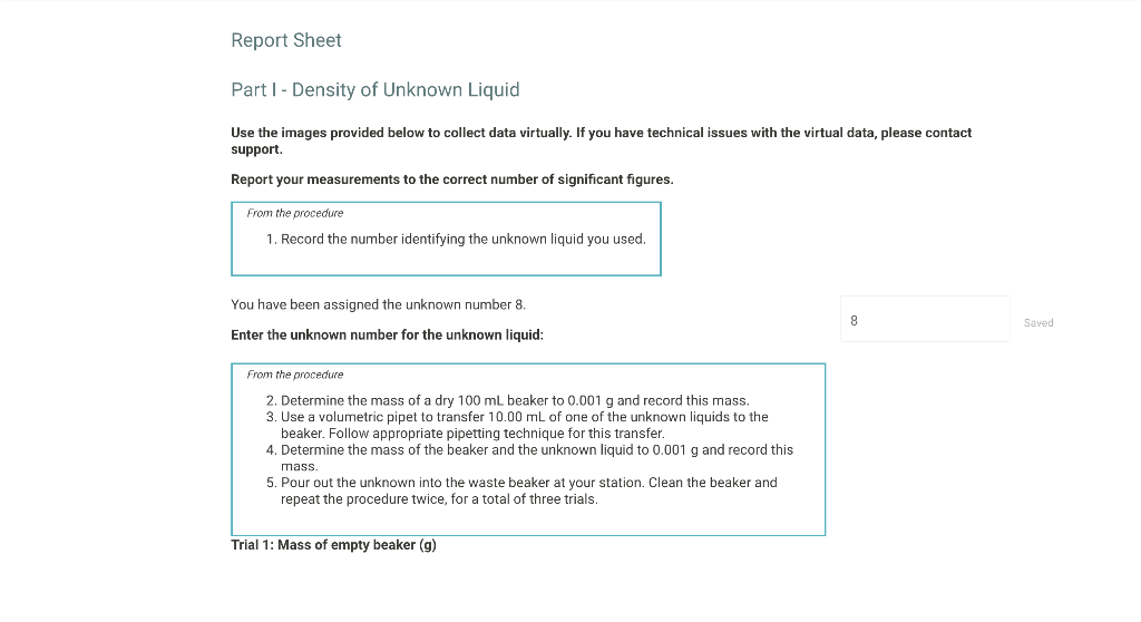 Solved Part I - Density of Unknown Liquid Use the images | Chegg.com