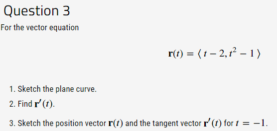 Solved For the vector equation r(t)= t−2,t2−1 1. Sketch the | Chegg.com