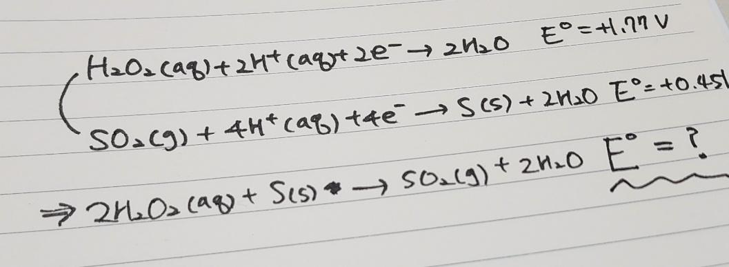 Solved H2O2(aq)+2H+(aq)+2e−→2H2OE0=+1.ηn | Chegg.com