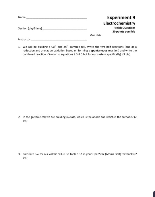 Solved Name: Experiment 9 Electrochemistry Prelab Questions | Chegg.com